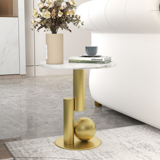 Round Marble Stone Top End Table With Abstract Metal Base Modern White Side Table by Wayfair ...