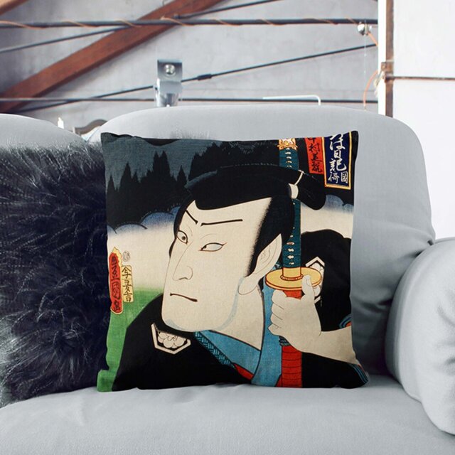Man Holding a Samurai Sword by Toyohara Kunichika Cushion with Filling ...