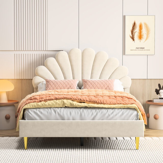 Velvet Shell Headboard Bed Frame With Gold Metal Legs â Elegant ...