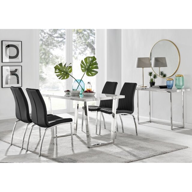 Kylooe Modern Marble Effect And Silver Dining Table Set With 4 Soft ...