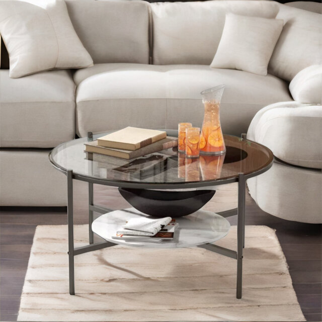 Winridge 2 Tier Round Faux Marble Glass Coffee Table Heavy Duty by ...