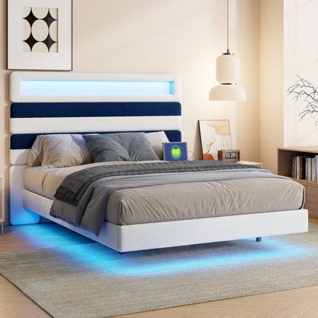 Velvet Upholstered Floating Bed With Geometric Headboard, LED Lighting ...