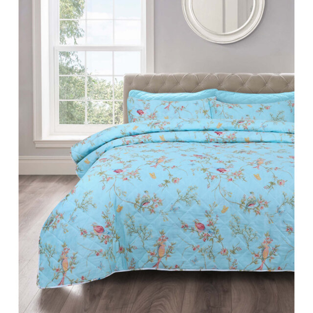 Berenices Birds Floral Duck Egg Bedspreads Set Quilted Bedspread sets ...