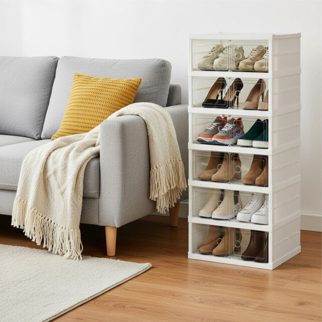 6 Tier Stackable Double Shoe Cabinet – Foldable Clear Shoe Storage ...