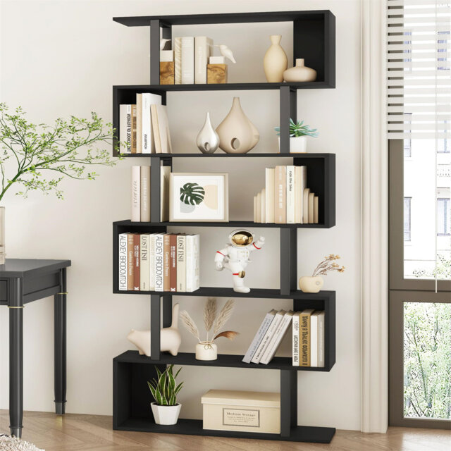 Geometric Bookcase, S Shaped Bookshelf 6-Tier Book Shelves For Bedroom ...