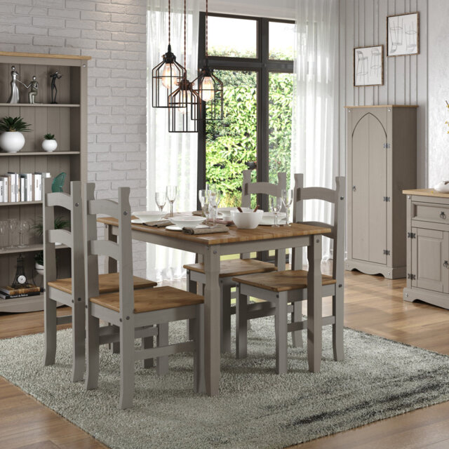 Archibold 4-Person Pine Solid Wood Dining Set, Grey and Antique Wax ...