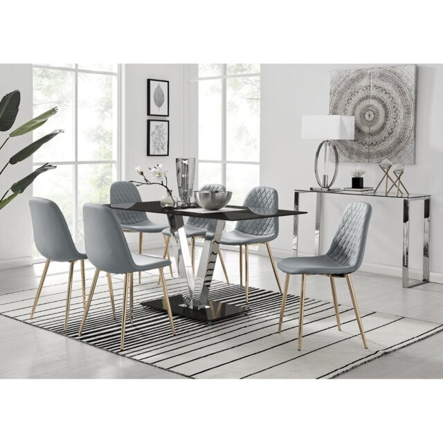 Ransart Modern Luxury Glass & Metal Dining Table Set With 6 Luxury Faux ...