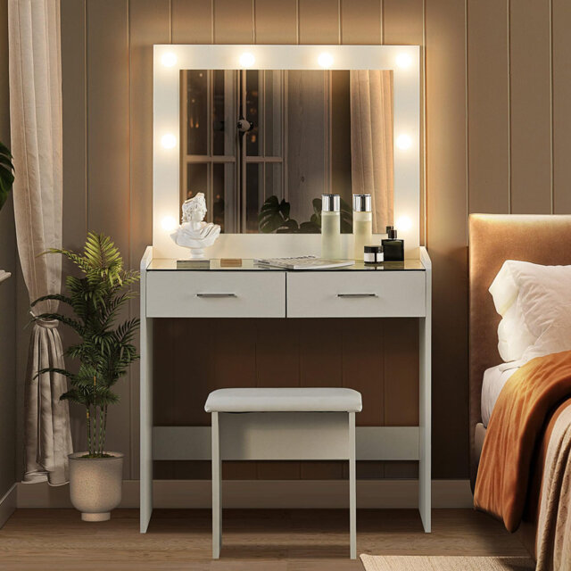 White Dressing Table with Hollywood Mirror 2 Drawers and Stool, Clear ...