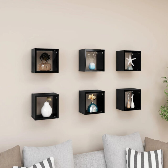 Set Of 6 High Gloss Black Wall Cube Shelves - 30X15x30 Cm by Wayfair ...