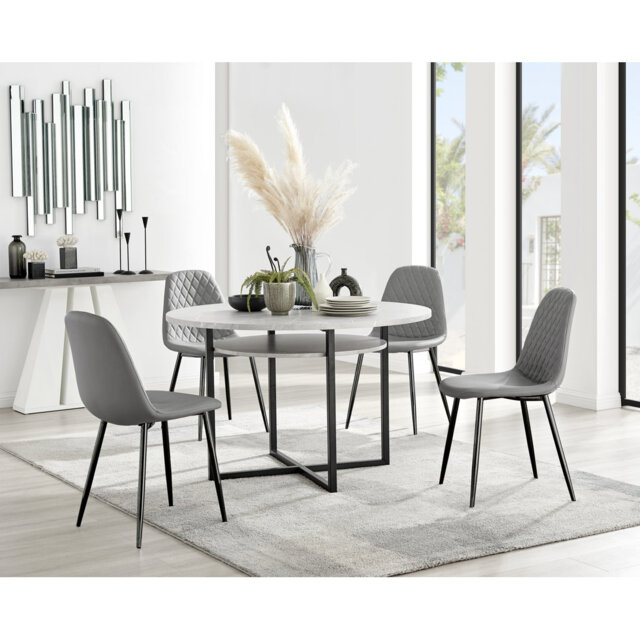Adler Concrete Effect Round Dining Table Set with Shelf & 4 Luxury ...