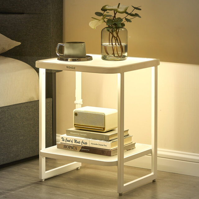 Side Table, 2-Tier End Table With LED Lights, Modern Nightstand, Square ...