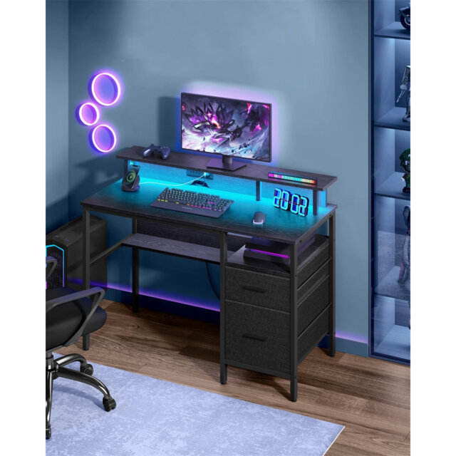 Gaming Desk With LED Lights And Built-In Power Outlets, Computer Desk ...