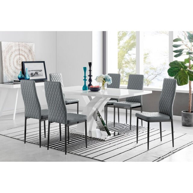 Marietta Chrome Metal & White High Gloss Dining Table Set - 6 Soft ...