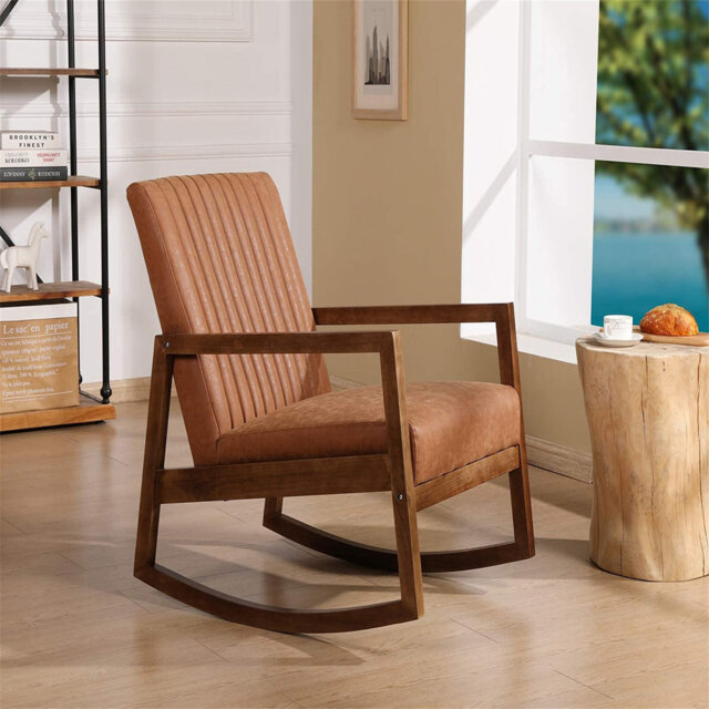 PU Leather Rocking Chair Retro Armchair Padded Accent Chair With Solid ...