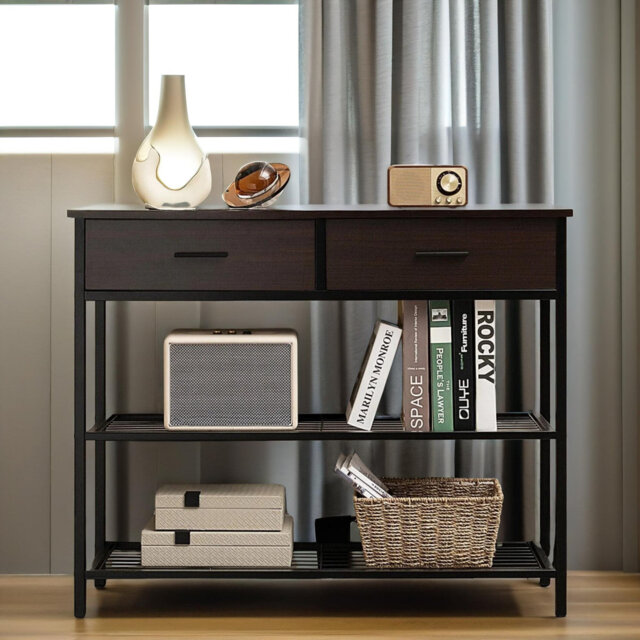 3 Tier Rustic Industrial 100Cm Console Table with Storage Drawers and ...