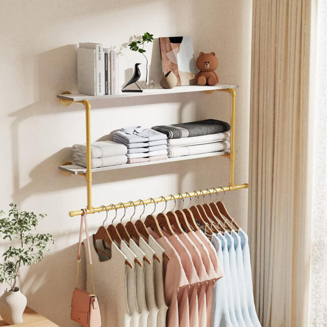 Industrial Pipe Clothes Rail Wall Mounted in Gold, Featuring 2 Tier ...