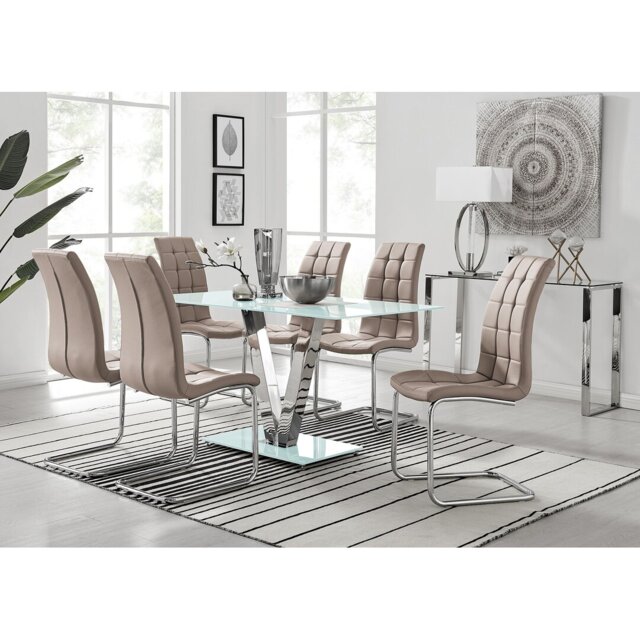 Ransart Modern Luxury Glass & Metal Dining Table Set With 6 Modern Faux ...