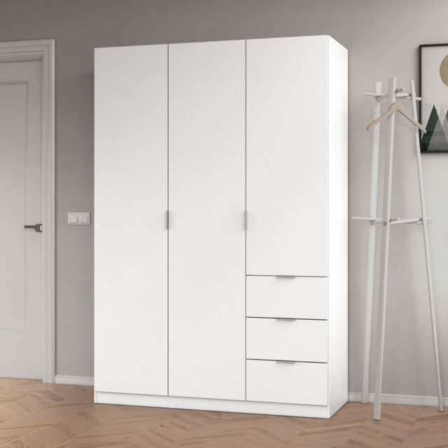 Compact 3 Door 3 Drawer White Wardrobe With Hanging And Shelving ...