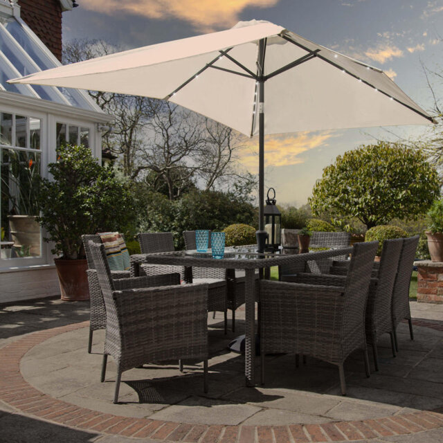 Ahmid 8 Seater Rattan Garden Dining Set with Cream LED Premium Parasol ...