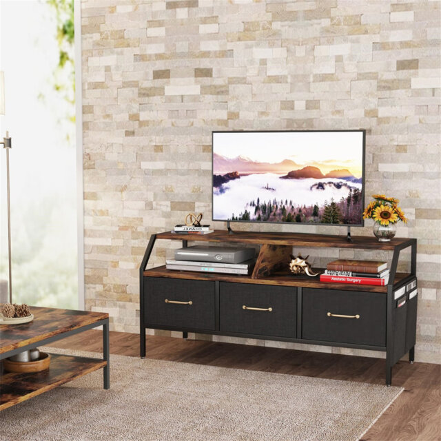 TV Cabinet, TV Stand With 3 Fabric Storage Boxes And 4 Divided Side ...