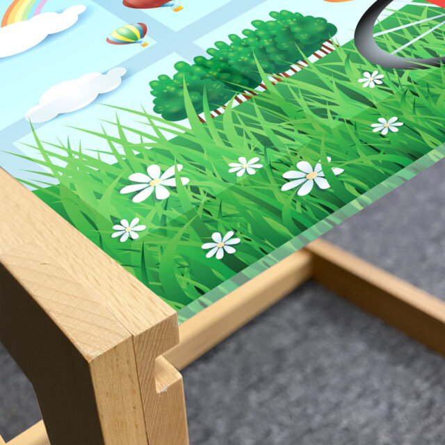 Cartoon Coffee Table, Spring Landscape With Rainbow Clouds Air Balloons ...