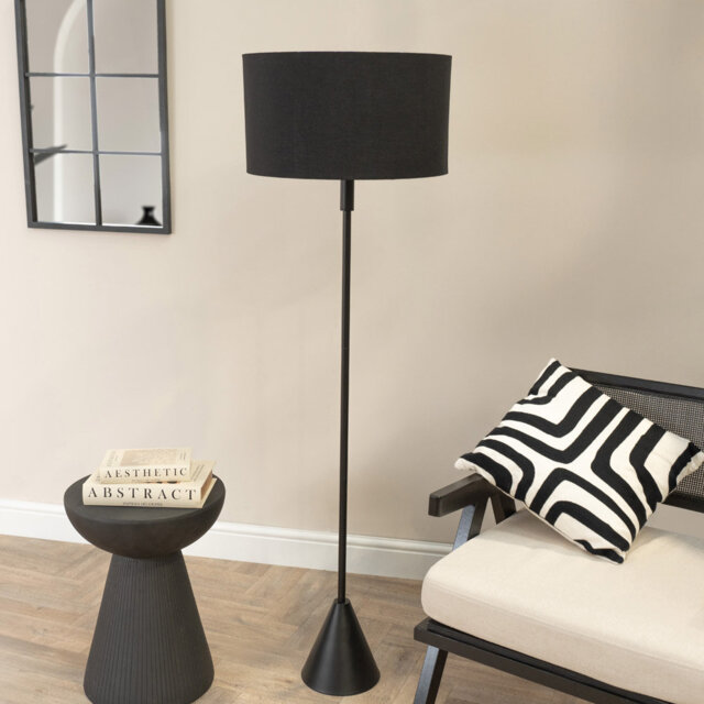 Mitch Rust Fabric Drum Lamp Shade Black Wood Single Stem Triangle Floor ...