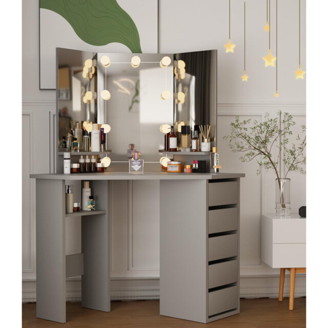 Adest Tri-Fold Mirror Dressing Table with 5 Drawers and 3 Lighting ...