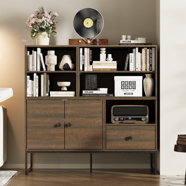 100cm Wide Wood Modern Storage Sideboard with 5 Open Shelves, 2 ...