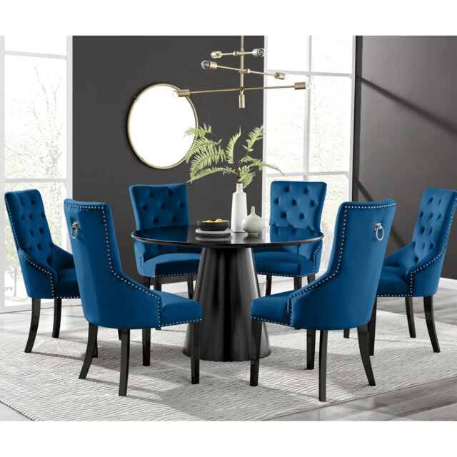 Edward Statement Pedestal Dining Table Set with 6 Luxury Velvet ...