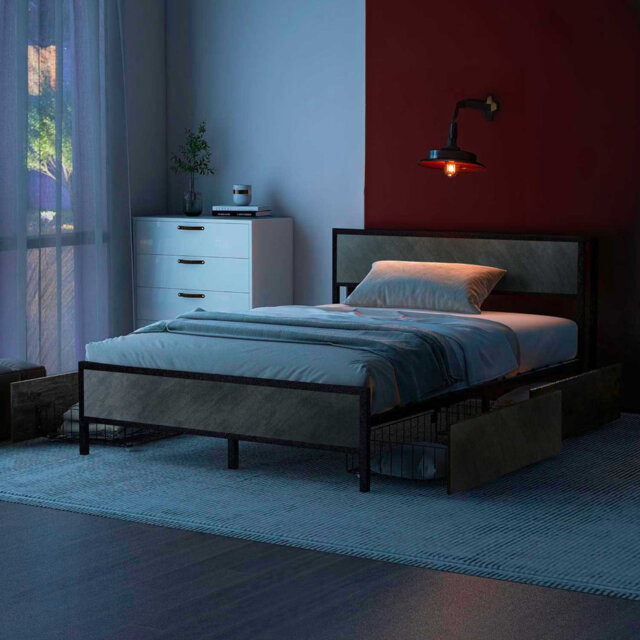 Hekla - Wooden And Metal Double Bed Structure With 4 Drawers, 162X195 ...
