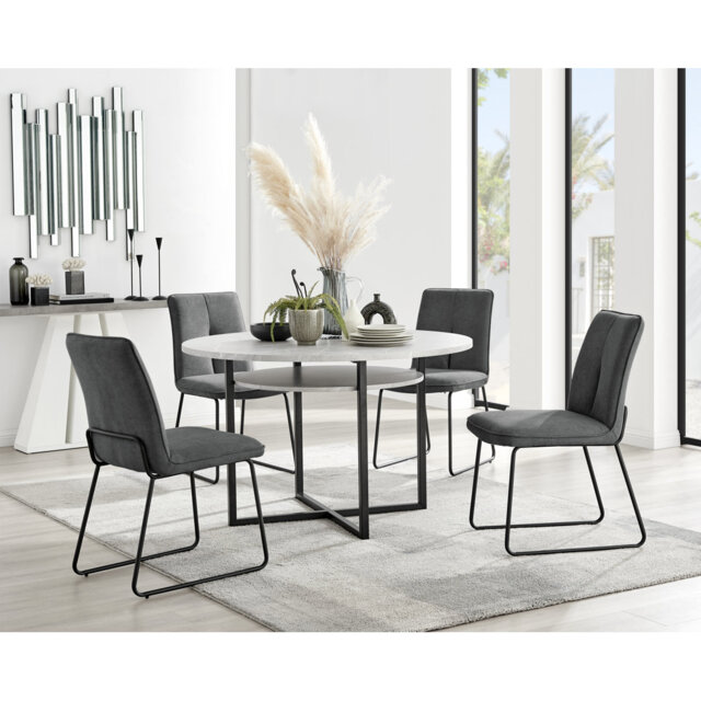 Adler Concrete Effect Round Dining Table Set with Shelf & 4 Luxury ...