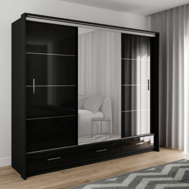 Biddick 255 Black Gloss Sliding Wardrobe - Mirrored Door & LED ...