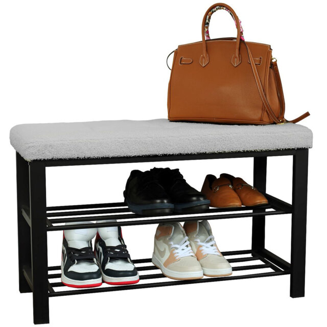 Black Metal Shoe Bench with Teddy Boucle Padded Seat - 2-Tiered Shoe ...
