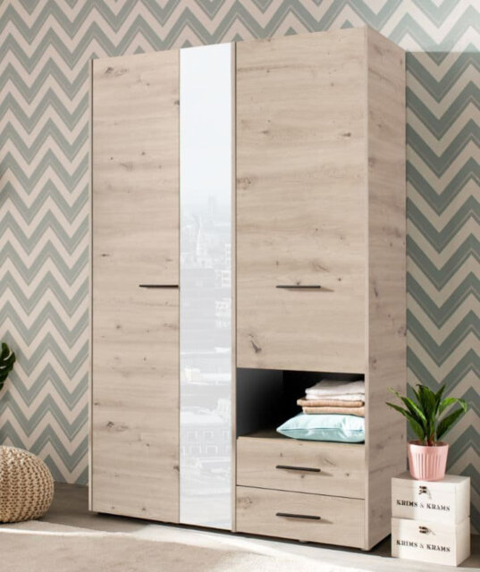 Rylora Grey Oak 3 Door Wardrobe With Drawers And Mirror Stylish Storage ...