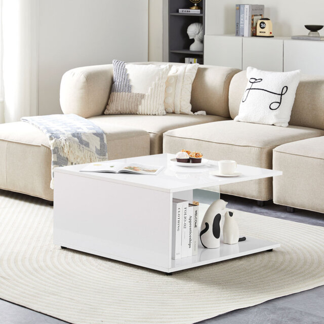 High-Gloss Coffee Table With Storage, Rectangular 2-Tier Coffee Table ...