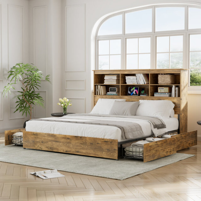 Bed Frame With Tall Storage Bookcase Headboard, 4 Large Storage Drawers ...