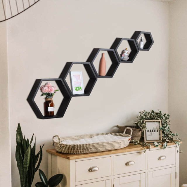 Hexagon Floating Shelves, Wooden Wall Mounted Hexagonal Shelf, Solid ...