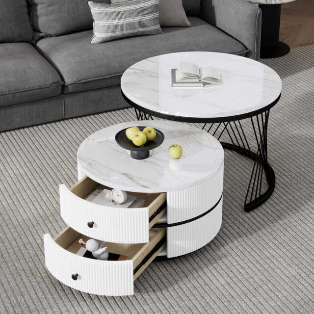 White & High Gloss Round Coffee Table Set Of 2, With Marble Top Nesting ...