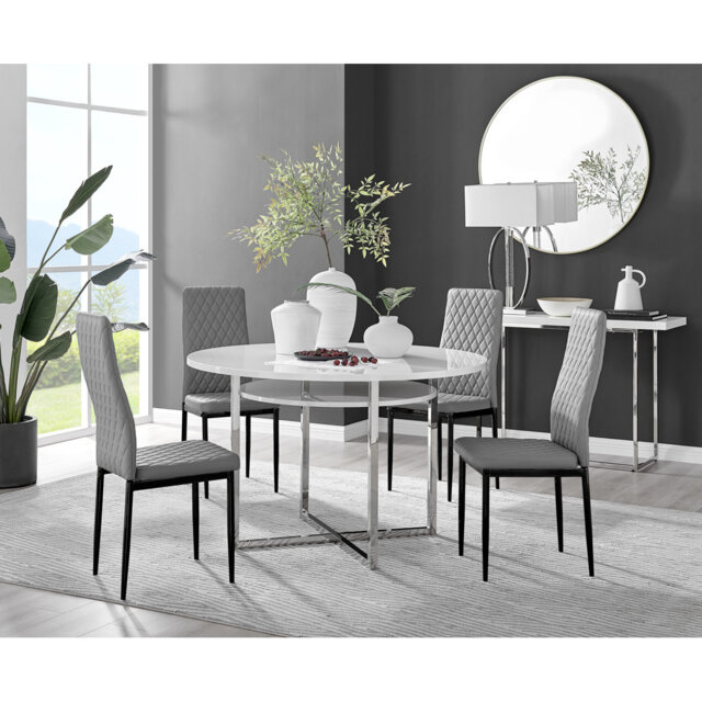 Adler Round Dining Table Set with Shelf & 4 Quilted Faux Leather Dining ...