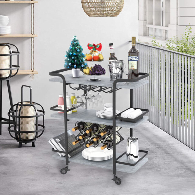 Bar Serving Cart Mobile Kitchen Trolley Wine Cart, 3 Tiers Storage ...