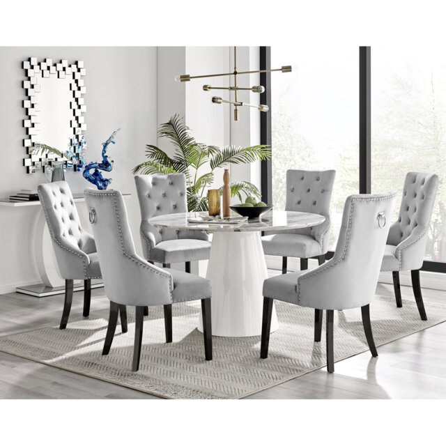 Edward Statement Pedestal Dining Table Set with 6 Luxury Velvet ...