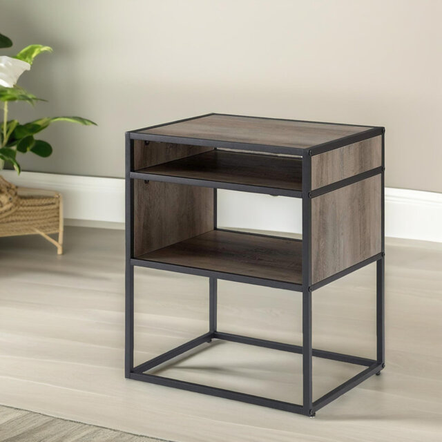 Rustic 2 Tier Side Table with Storage Shelves, End Tables, Living Room ...