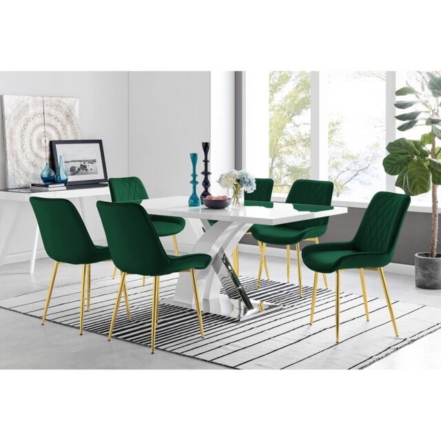 Marietta Chrome Metal & White High Gloss Dining Table Set - 6 Luxury ...