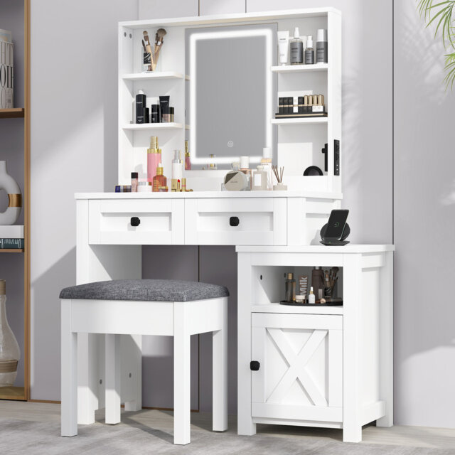 Farmhouse White Dressing Table with Mirror Modern Makeup Vanity Table ...