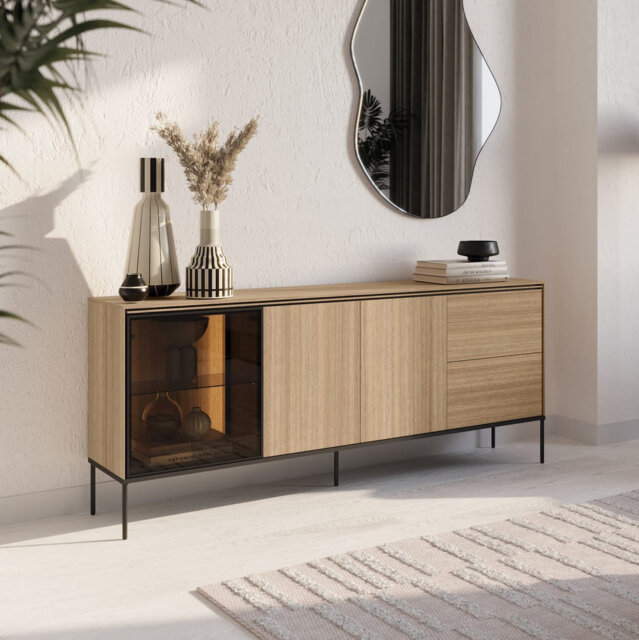 Expansive Oak Linear Display Sideboard W201cm - Modern Design with LED ...