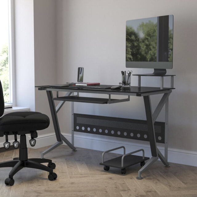 Glass Computer Desk with Pull-Out Keyboard Tray and CPU Cart by Wayfair ...