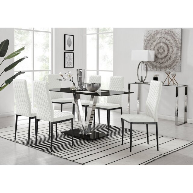 Ransart Modern Luxury Glass & Metal Dining Table Set With 6 Quilted ...