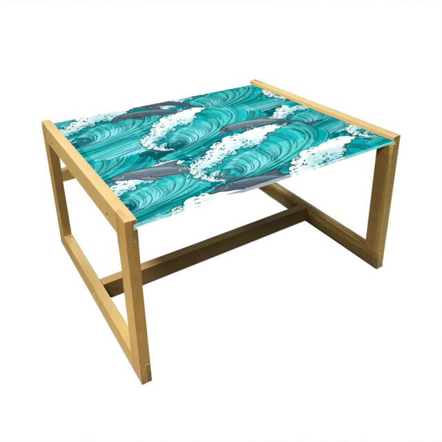 Sea Animals Coffee Table, Wavy Ocean With Dolphins Windy Surfing Doodle ...