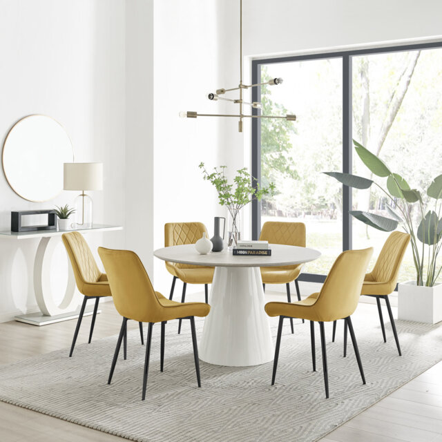 Edzard Statement 6 Person Round Dining Table Set in Luxury Stone Effect ...