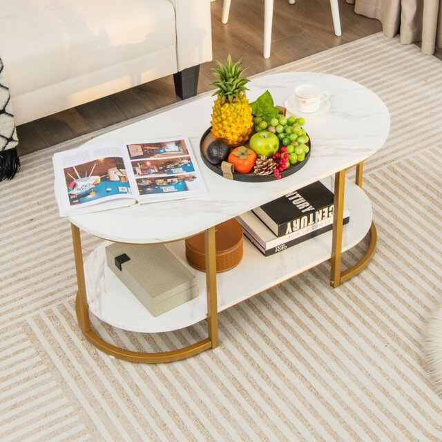 Modern Faux Marble Coffee Table 2-Tier Rectangular Chic Cocktail Accent ...